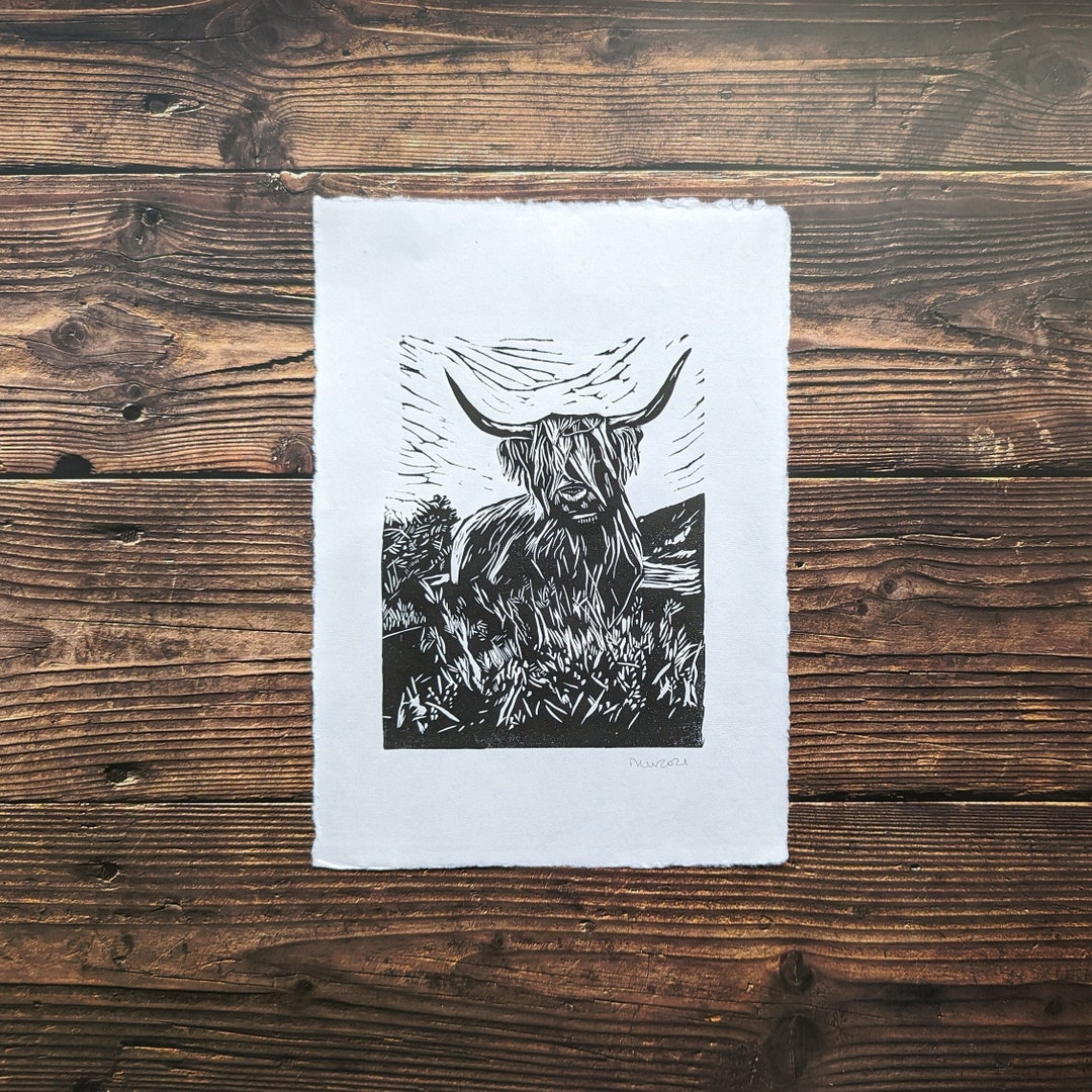 Highland Cow Art Print Original Linocut Picture Home Decor Wall Art ...