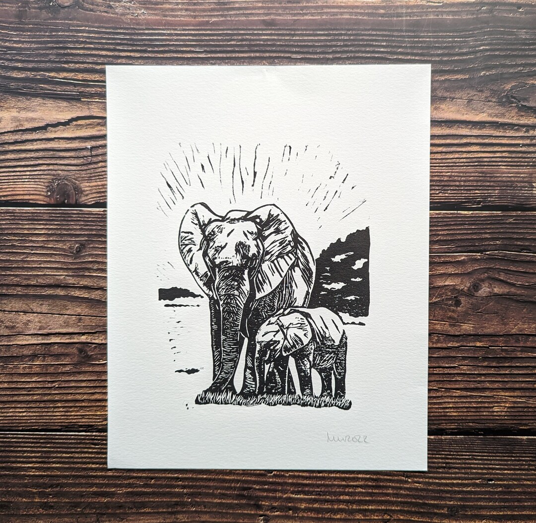 Elephant Art Original Linocut Print Picture Home Decor Wall Art - Etsy