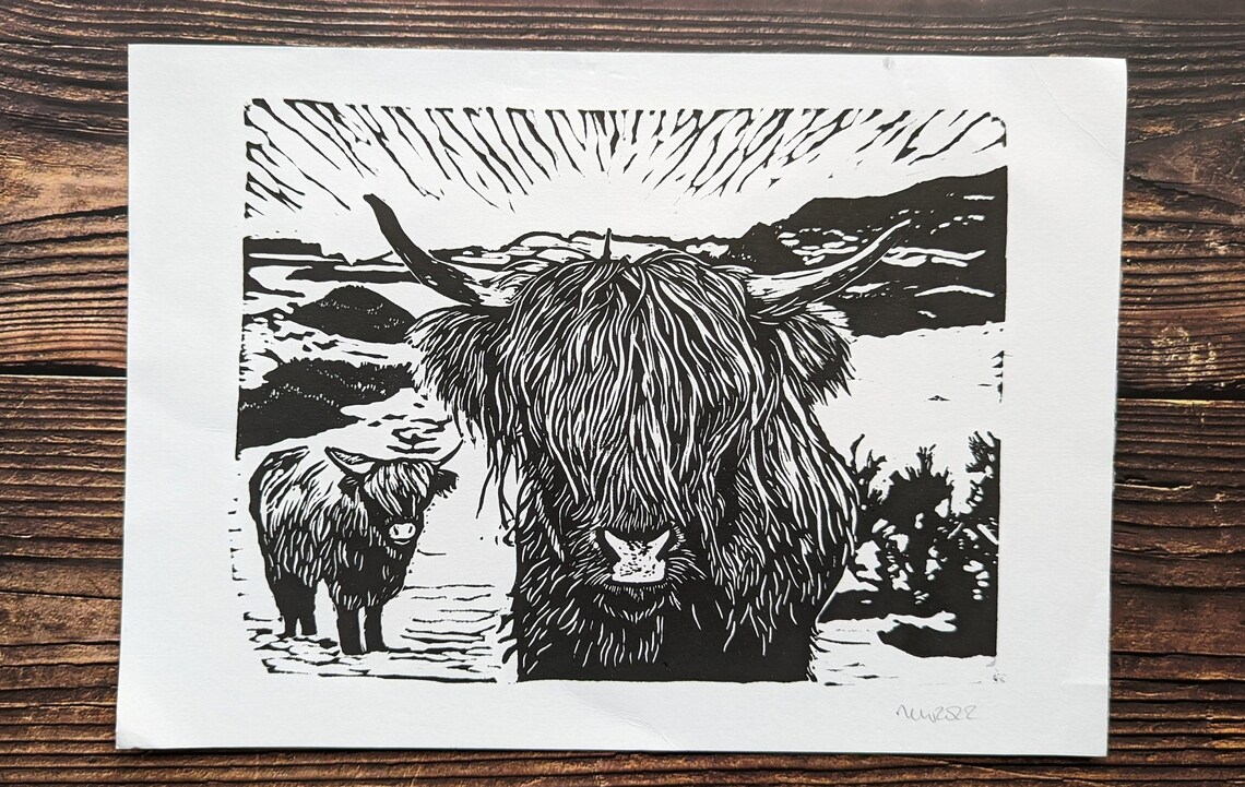 Highland Cow Art Print Original Linocut Picture Home Decor Wall Linocut ...