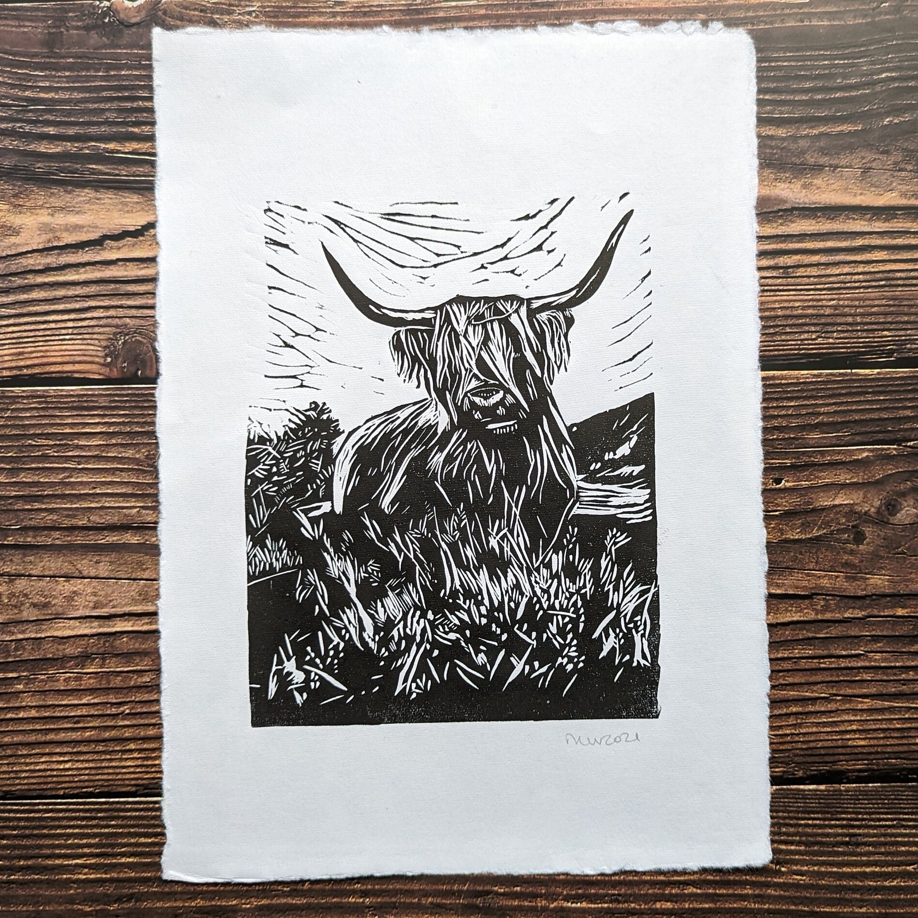 Highland Cow Art Print Original Linocut Picture Home Decor Wall Art ...