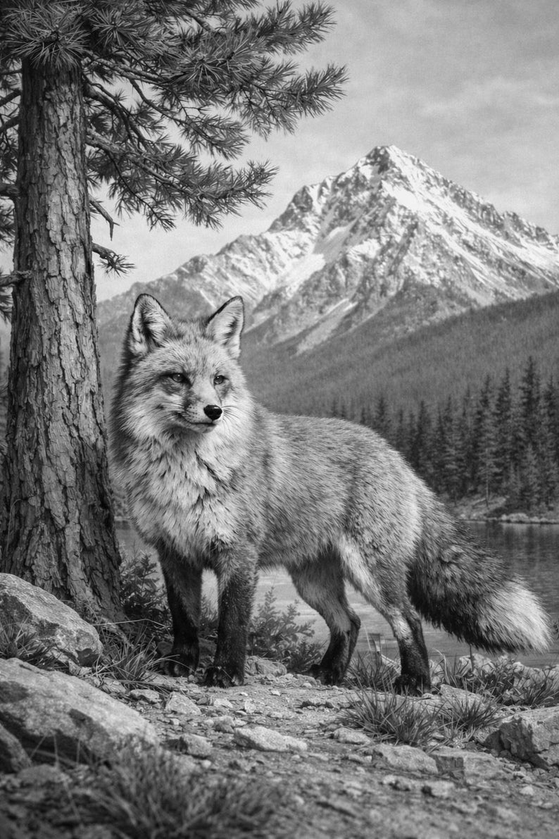 Red Fox Pyrography Pattern. Vector and GS. | Wildlife Mountain Scene 2 ...