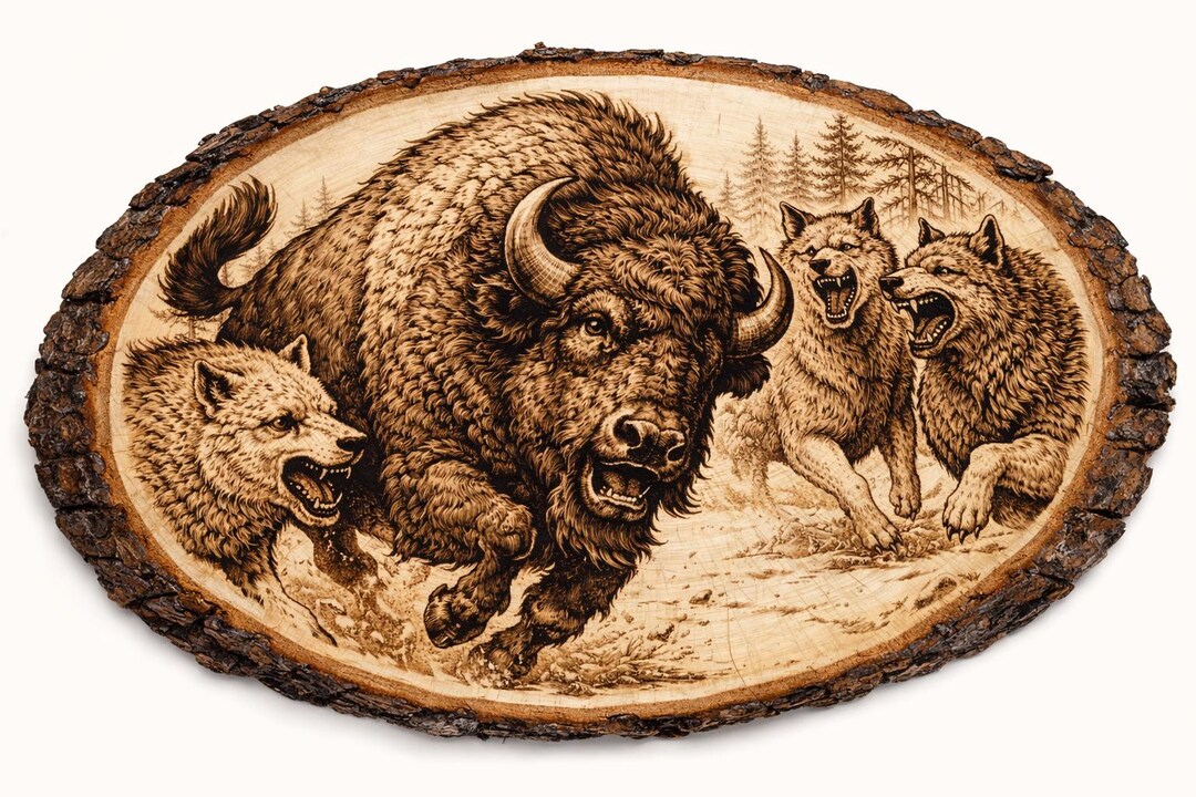 Bison and Wolves Pyrography Template | Wildlife Engraving (digital ...