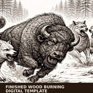 Bison and Wolves Pyrography Template | Wildlife Engraving (digital ...