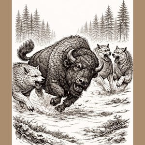 Bison and Wolves Pyrography Template | Wildlife Engraving (digital ...