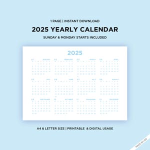 2025 Blue Yearly Calendar Template | Printable, Instant Digital ...