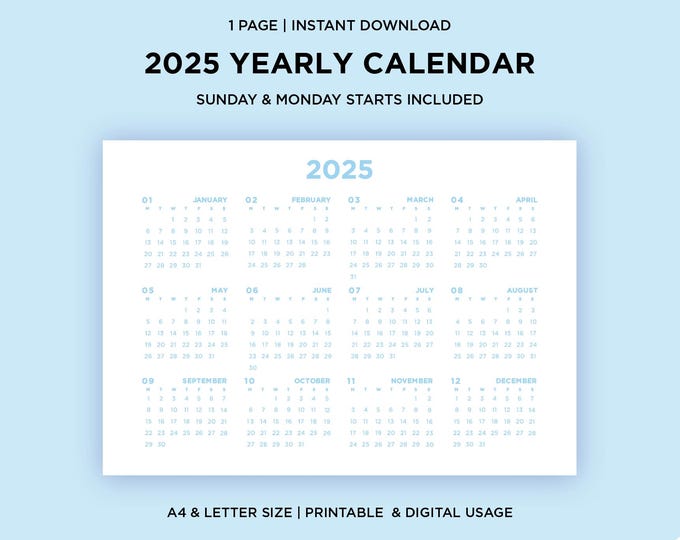 2025 Blue Yearly Calendar Template | Printable, Instant Digital ...