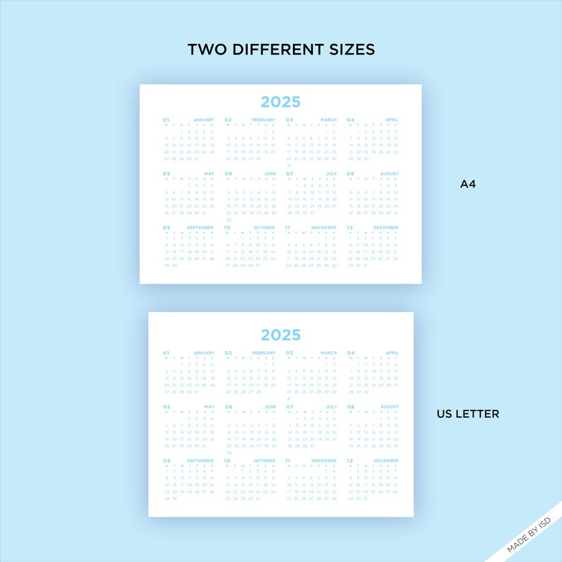 2025 Blue Yearly Calendar Template Printable, Instant Digital Download ...