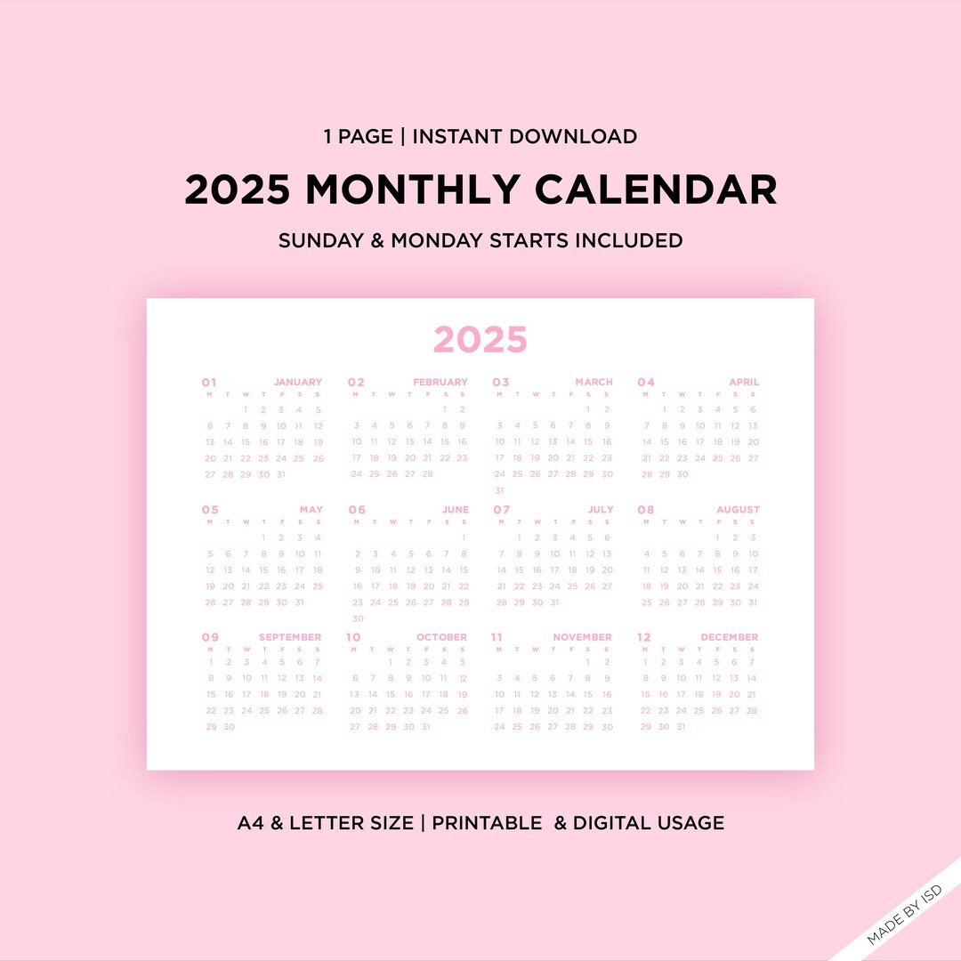 2025 Pink Yearly Calendar Template Printable, Instant Digital Download ...
