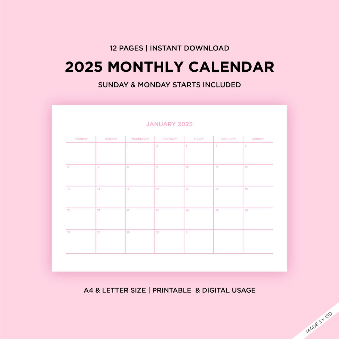 2025 Pink Monthly Calendar Template | Printable, Instant Digital ...