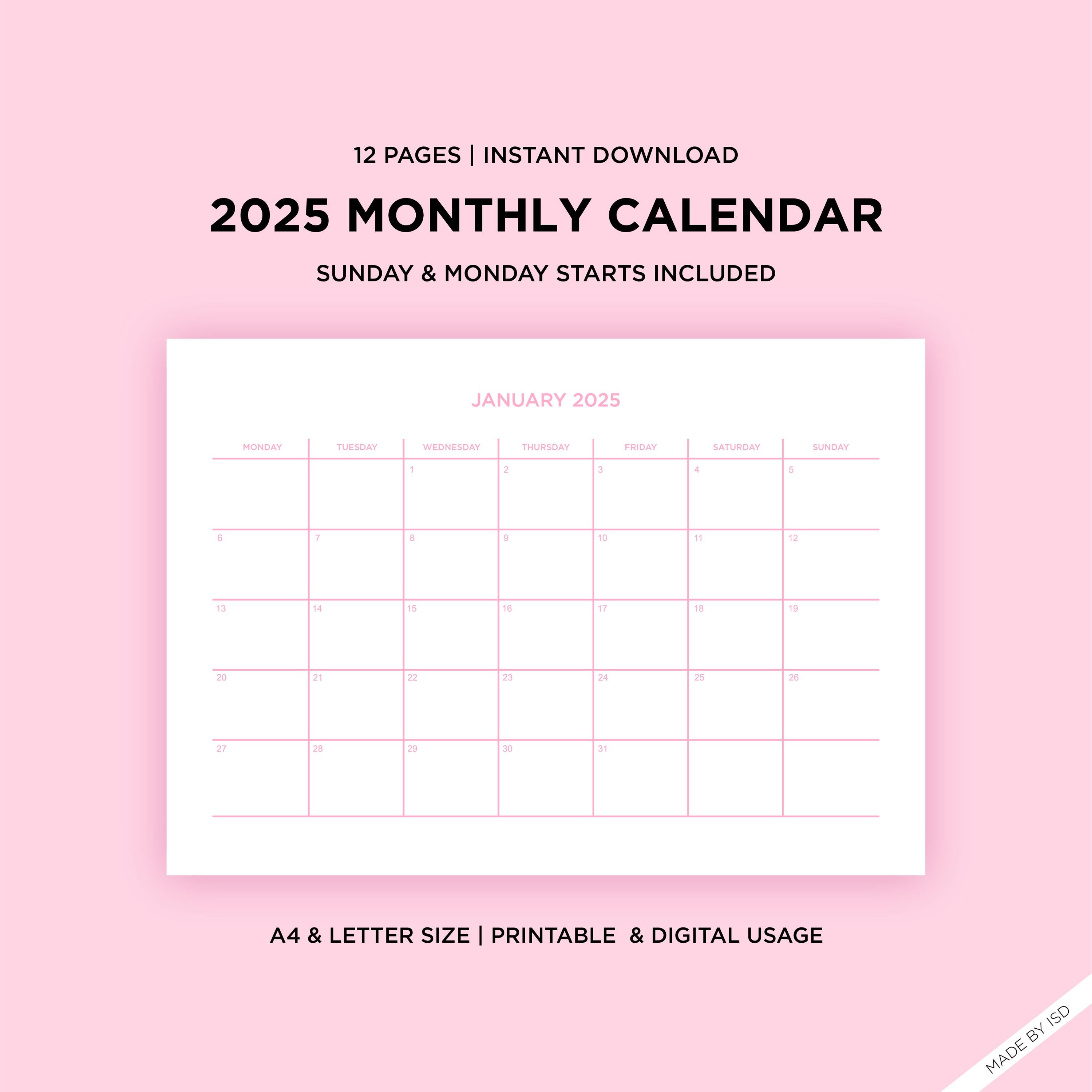 2025 Pink Monthly Calendar Template | Printable, Instant Digital ...