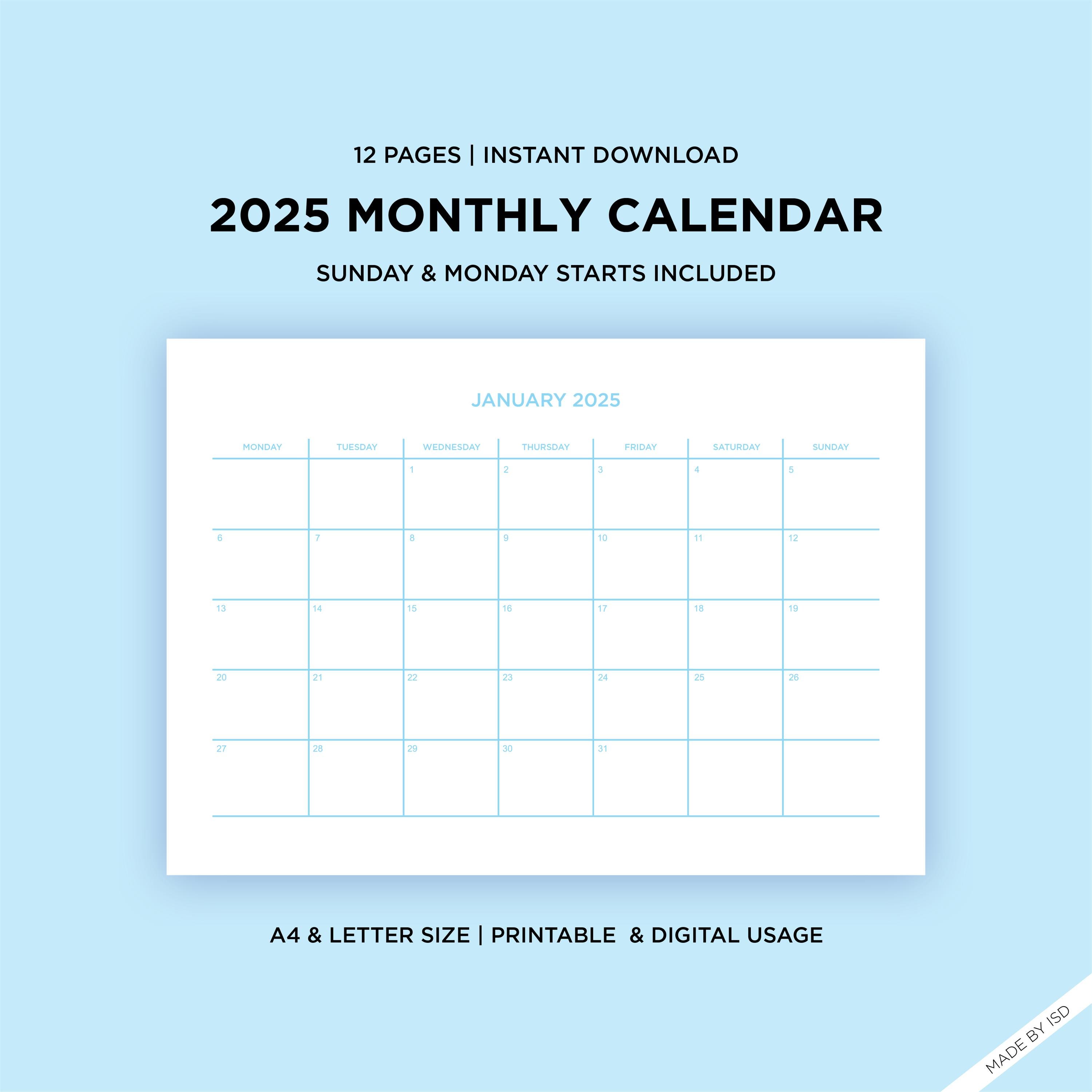 2025 Blue Monthly Calendar Template Printable, Instant Digital Download ...