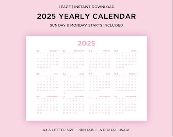 2025 Pink Yearly Calendar Template | Printable, Instant Digital ...