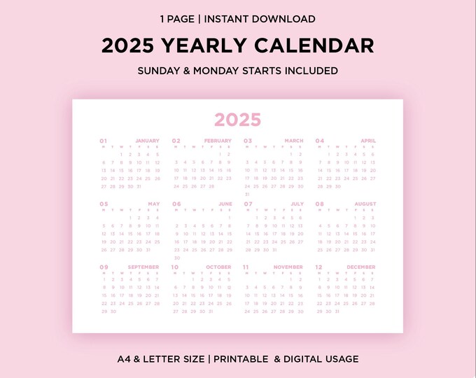 2025 Pink Yearly Calendar Template | Printable, Instant Digital ...