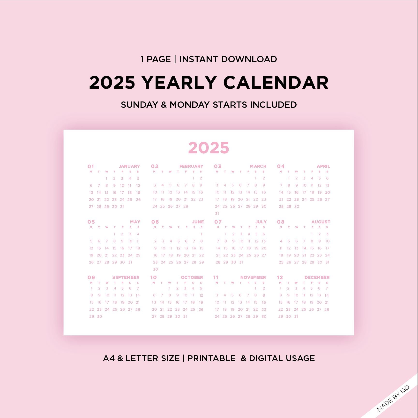 2025 Pink Yearly Calendar Template | Printable, Instant Digital ...