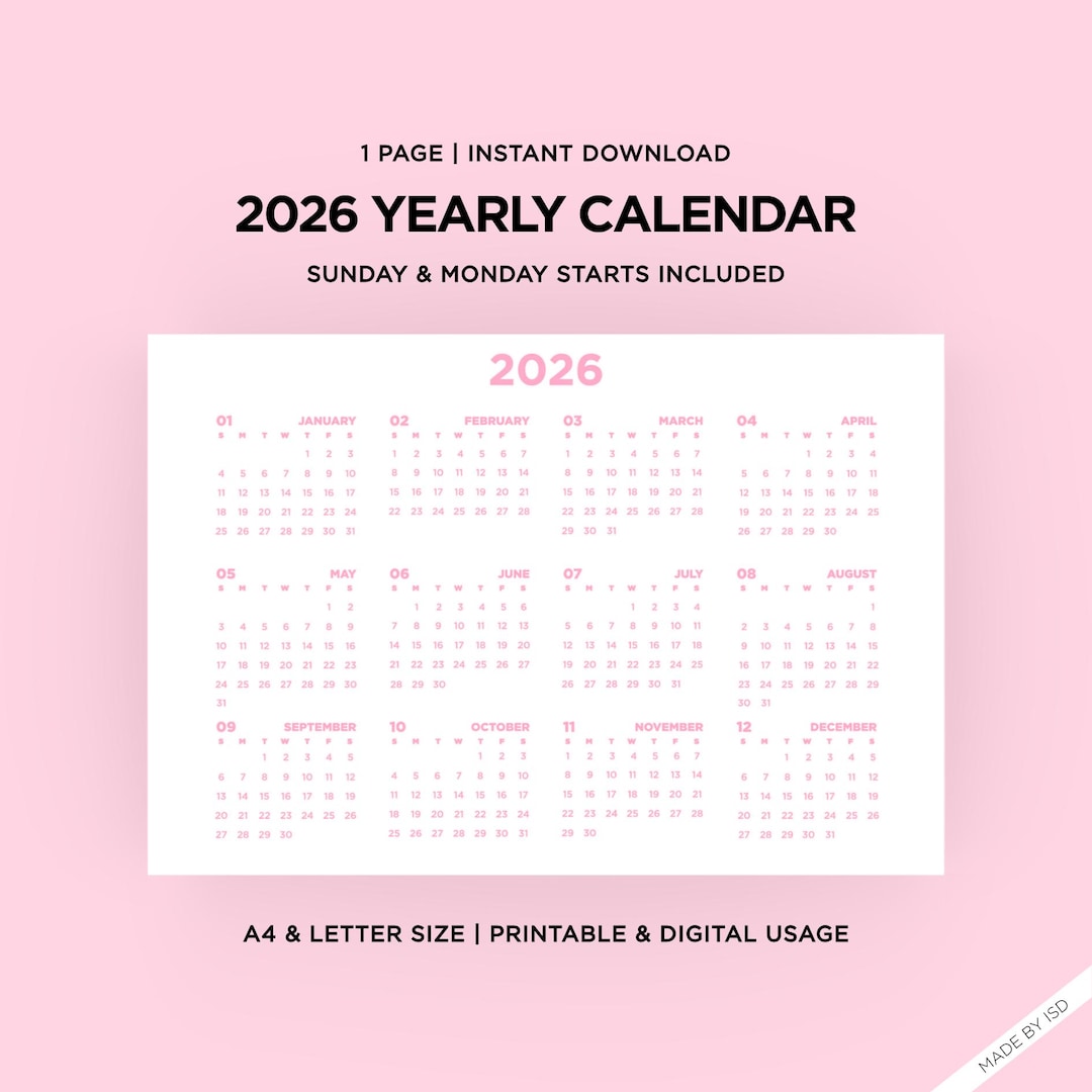 2026 Pink Yearly Calendar Template | Printable, Instant Digital ...