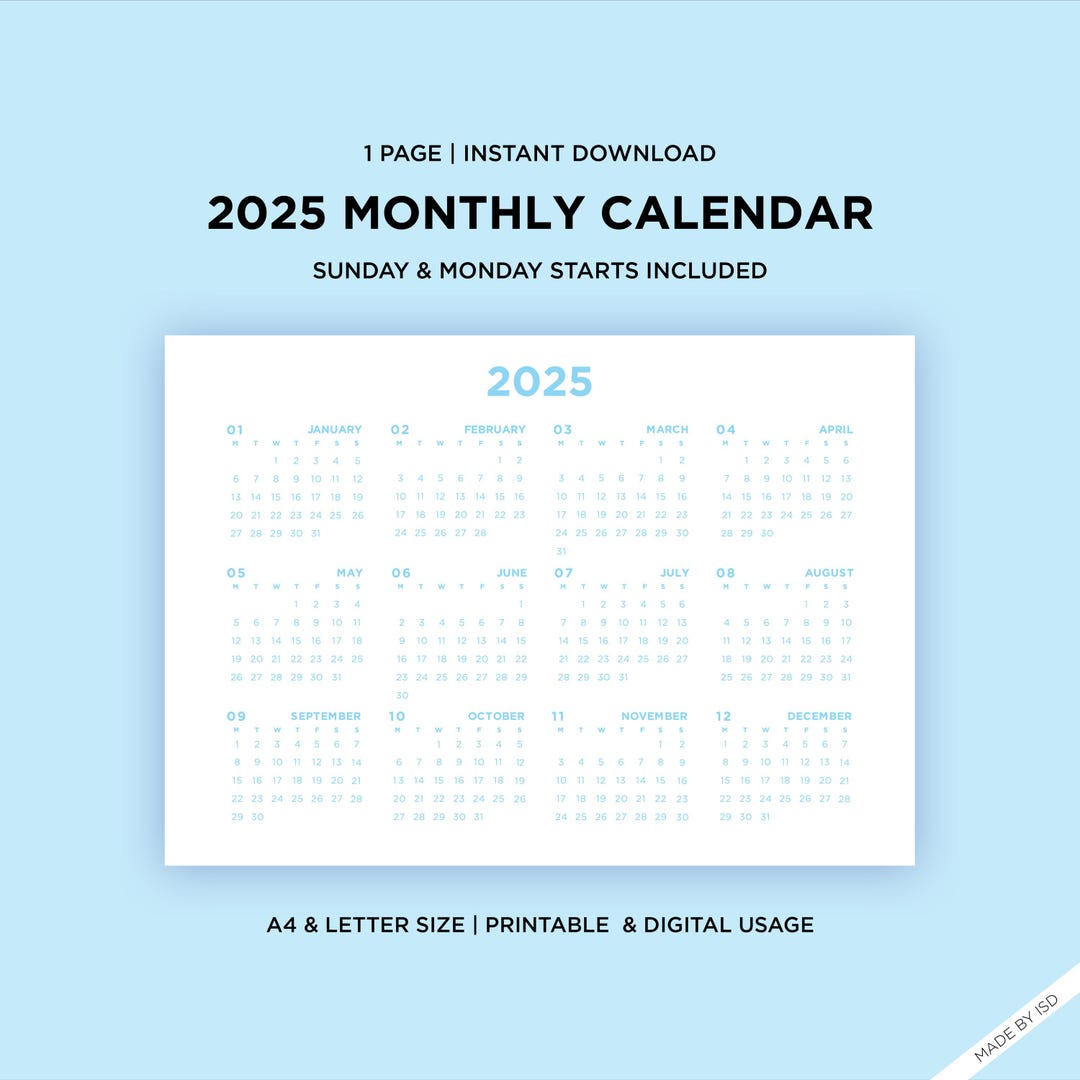 2025 Blue Yearly Calendar Template Printable, Instant Digital Download ...