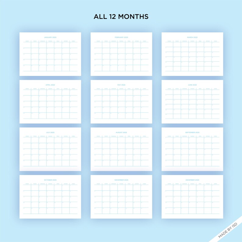 2025 Blue Monthly Calendar Template Printable, Instant Digital Download ...