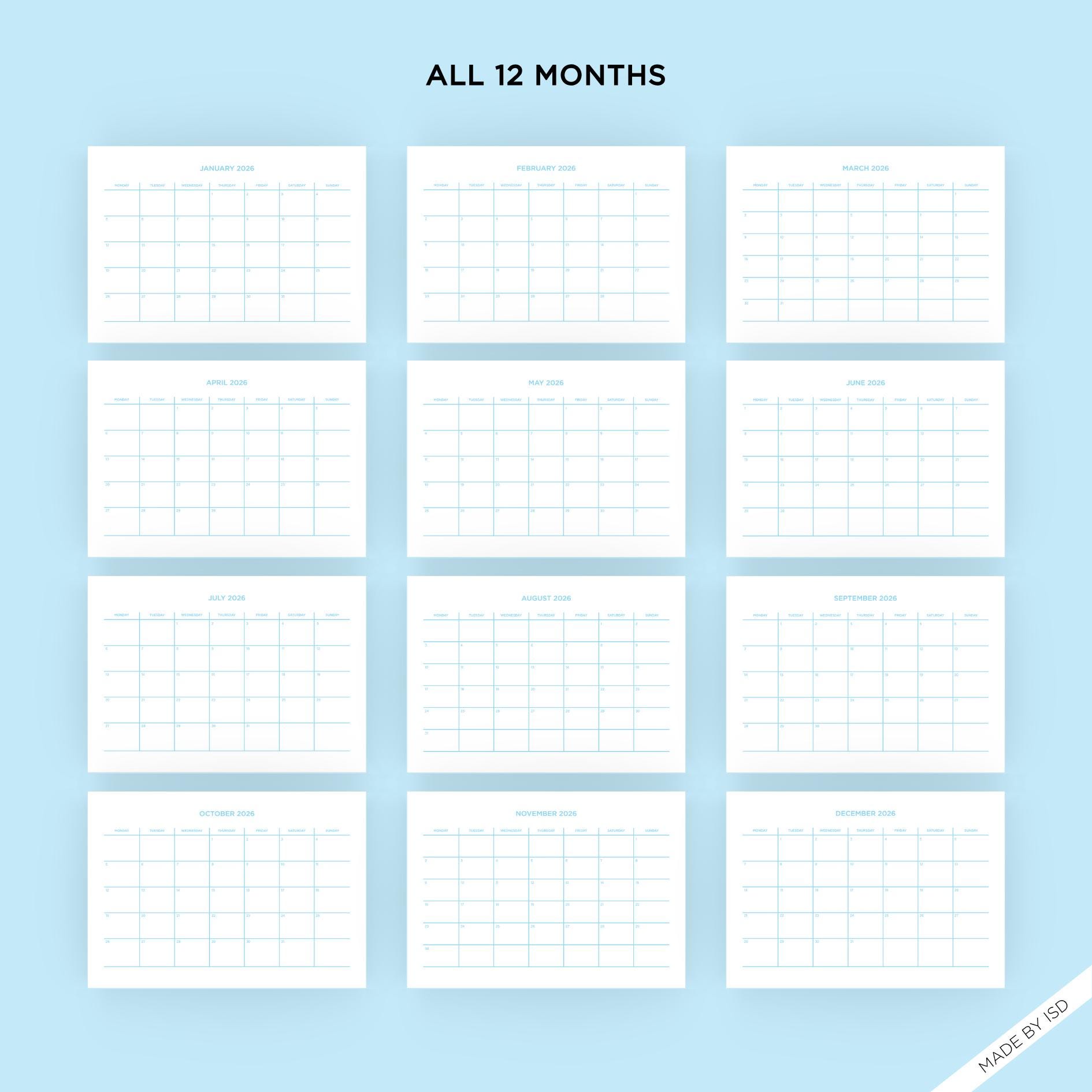 2026 Blue Monthly Calendar Template | Printable, Instant Digital ...