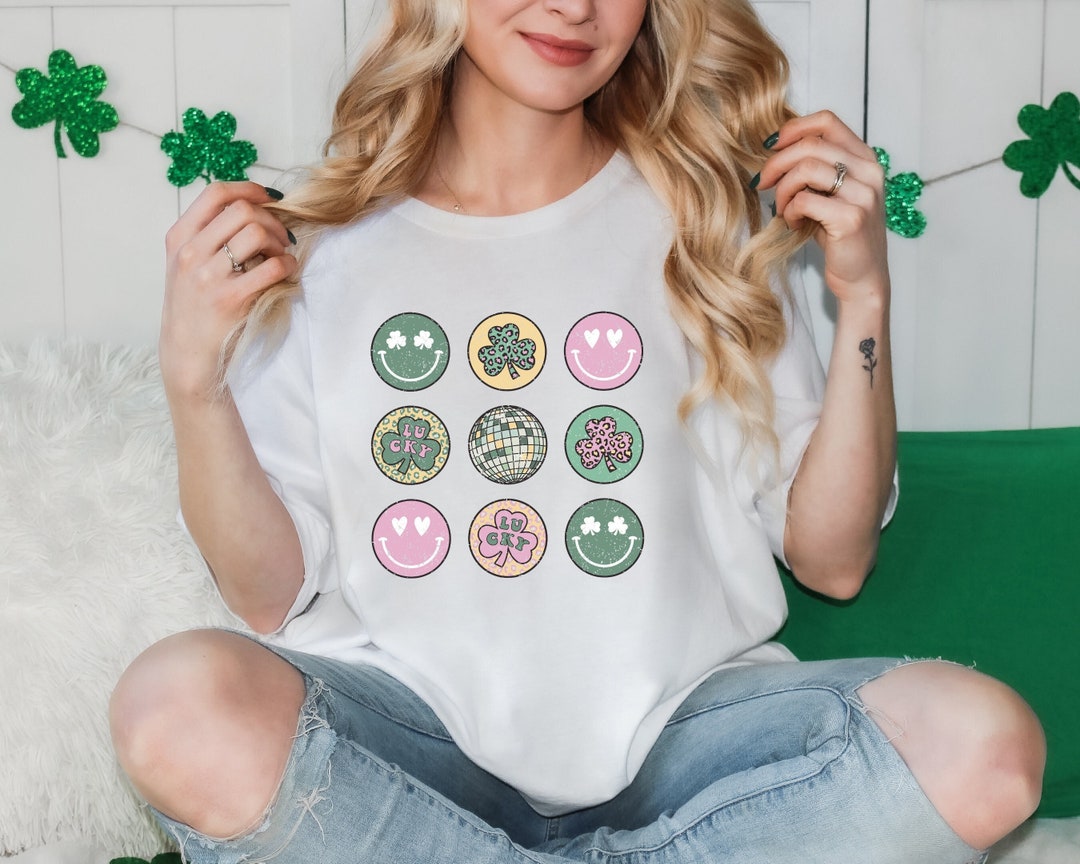 Smiley Clovers St Patrick's Day T Shirt, Happy Go Lucky Irish, Retro ...