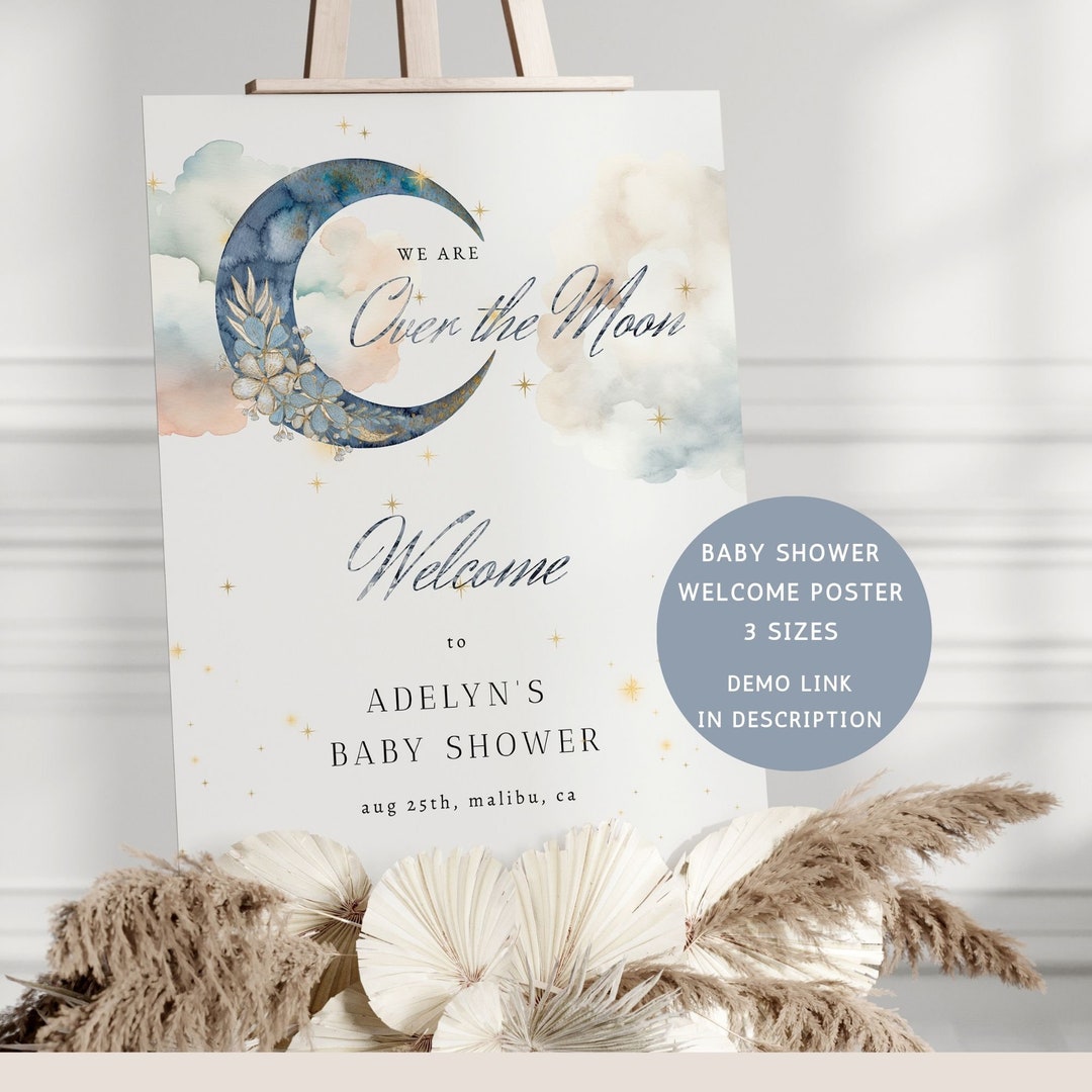 Over the Moon Baby Shower Poster Template, Moon Theme Baby Shower ...