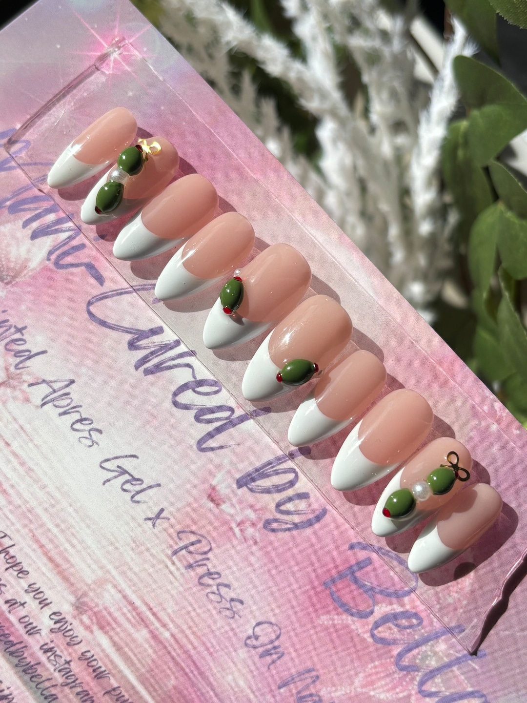 Olive-tini | Press on Nails| White French Tips W/ 3d Handsculpted Gold ...