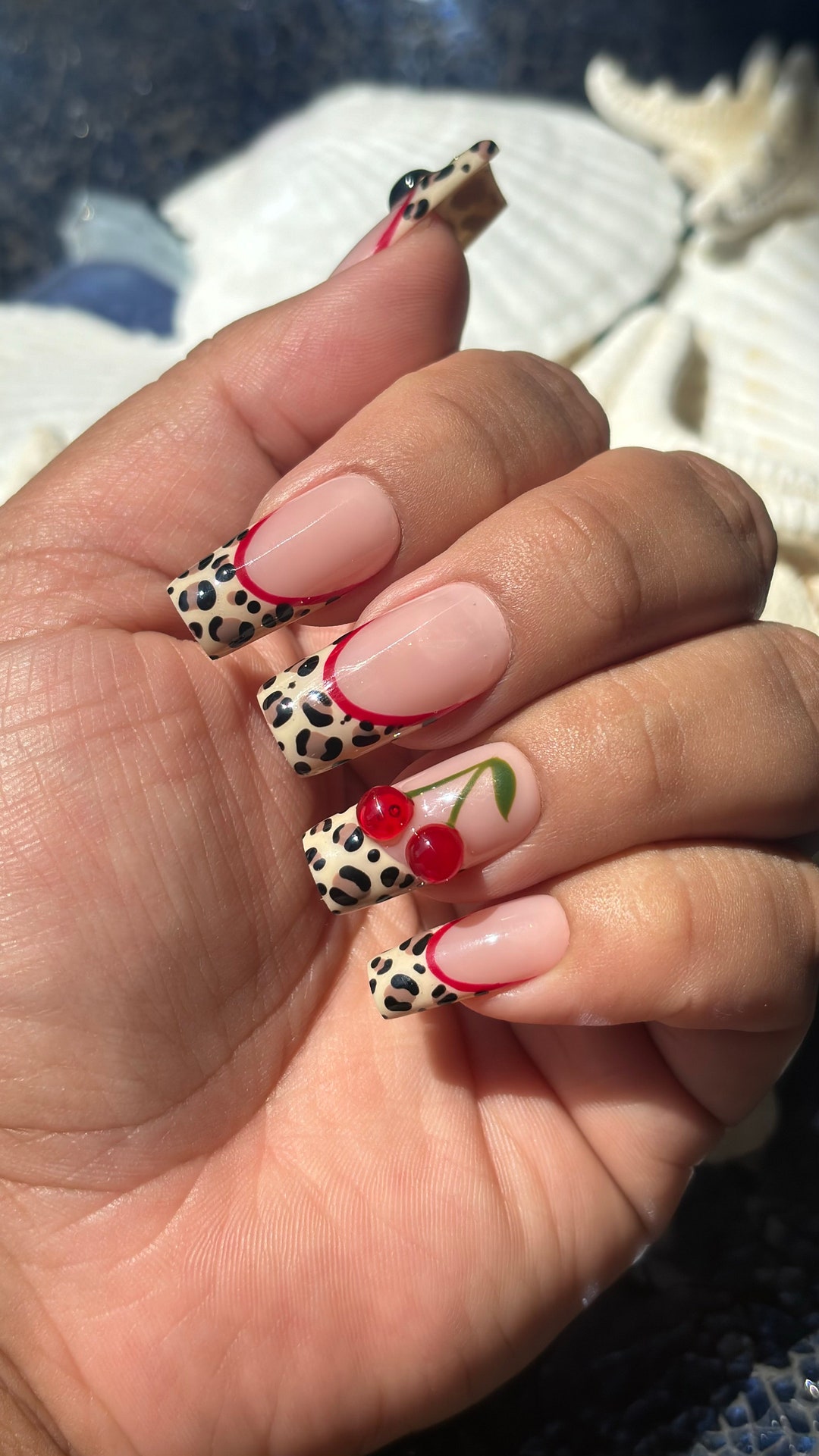 Cherry Cheetah | Beige Cheetah / Red Outline French Tips W/ 3d 8 Ball ...