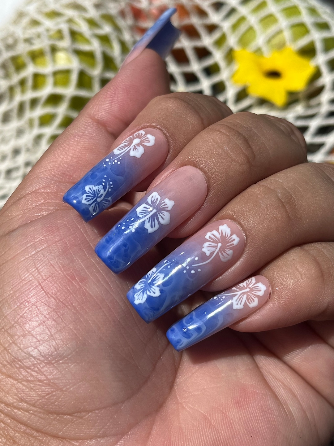 Blue Dream | Blue Water Ombre French Tips W/ White Hibiscus | Apres Gel ...