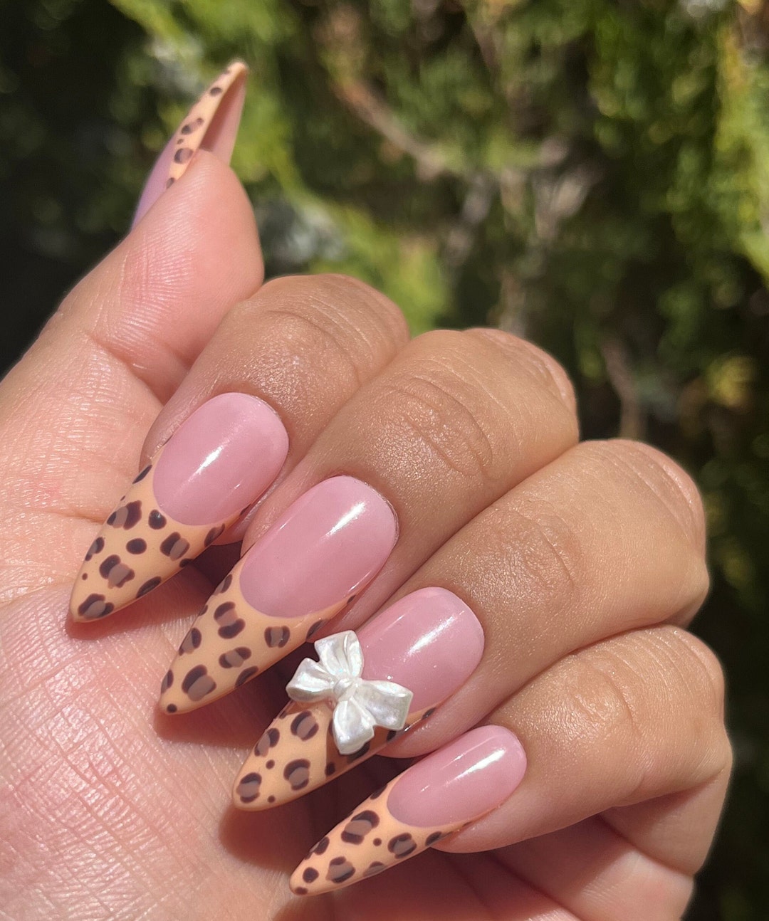 Kawaii Cheetah cheetah Print French Tips W/ Pearl Bow Accent Fall Apres ...