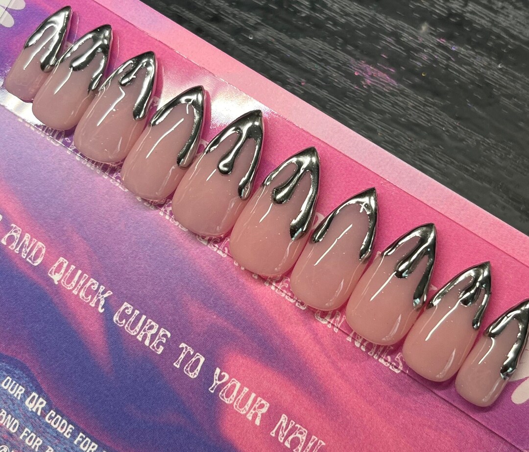 Drippy | 3d Silver Chrome Drip French Tips | Press Ons| Chrome Shade ...