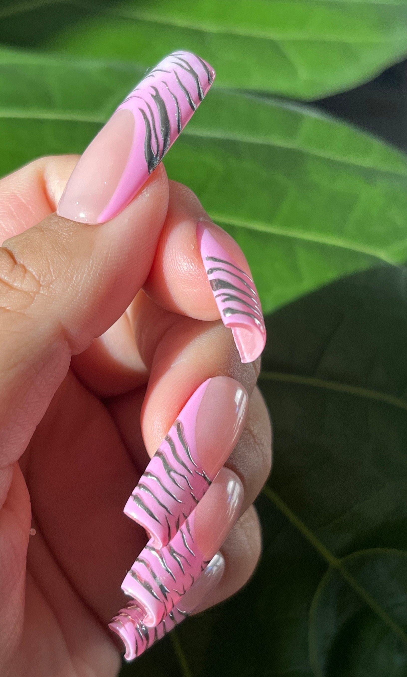 Chrome Zebra | Pink French Tips W/ White Airbrush + Silver Chrome Zebra ...