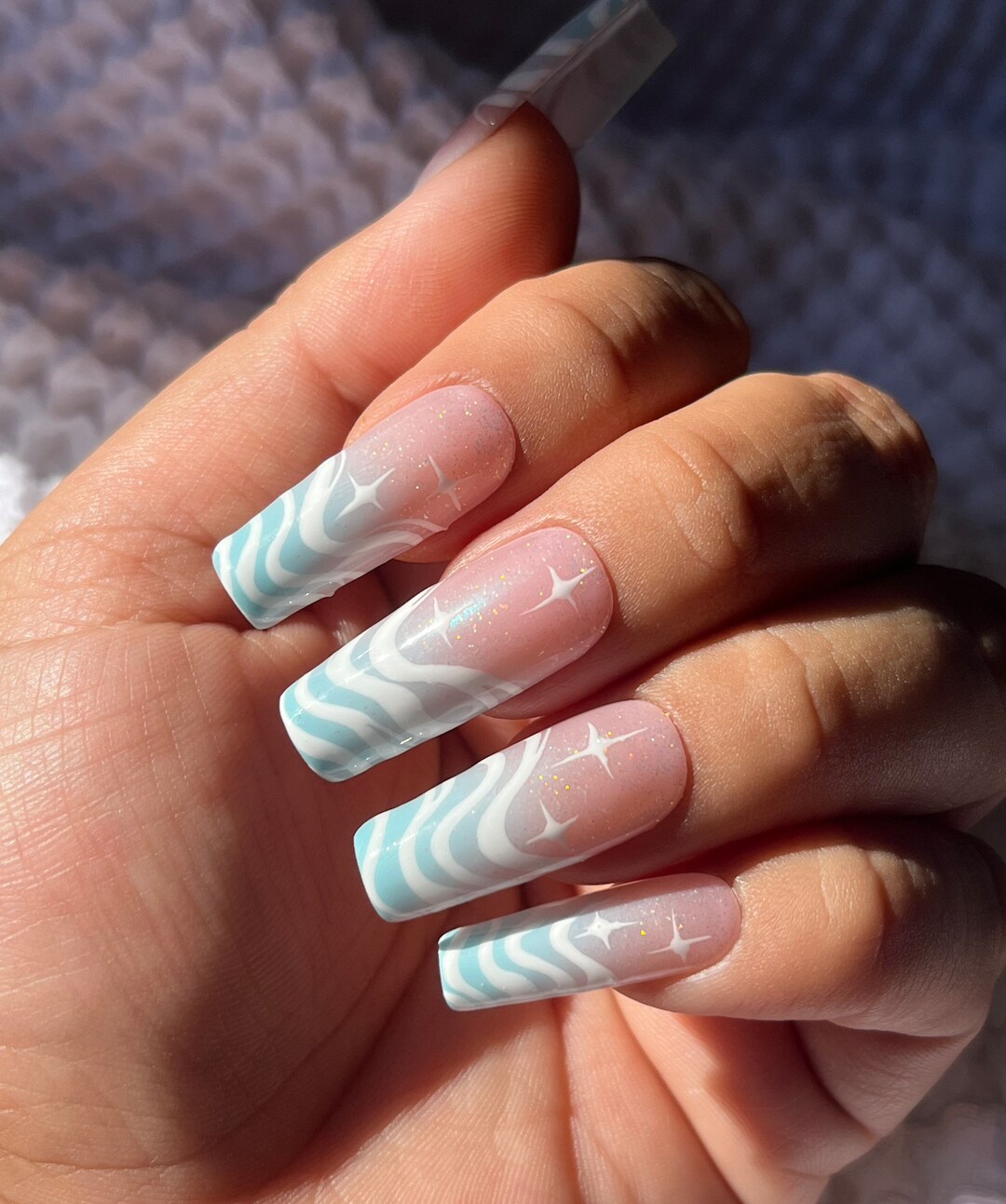 Wavy Baby Blue Airbrush Ombre French Tips W/ White Stripes & Stars ...