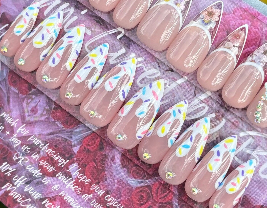 Drippin’ |white Drip French Tip W/ Purple Pink Yellow Blue Sprinkles ...