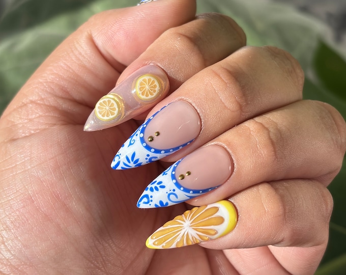 Capri| Blue White Tile Line Work W/ 3d Lemon Gold Chrome/ Iridescent ...