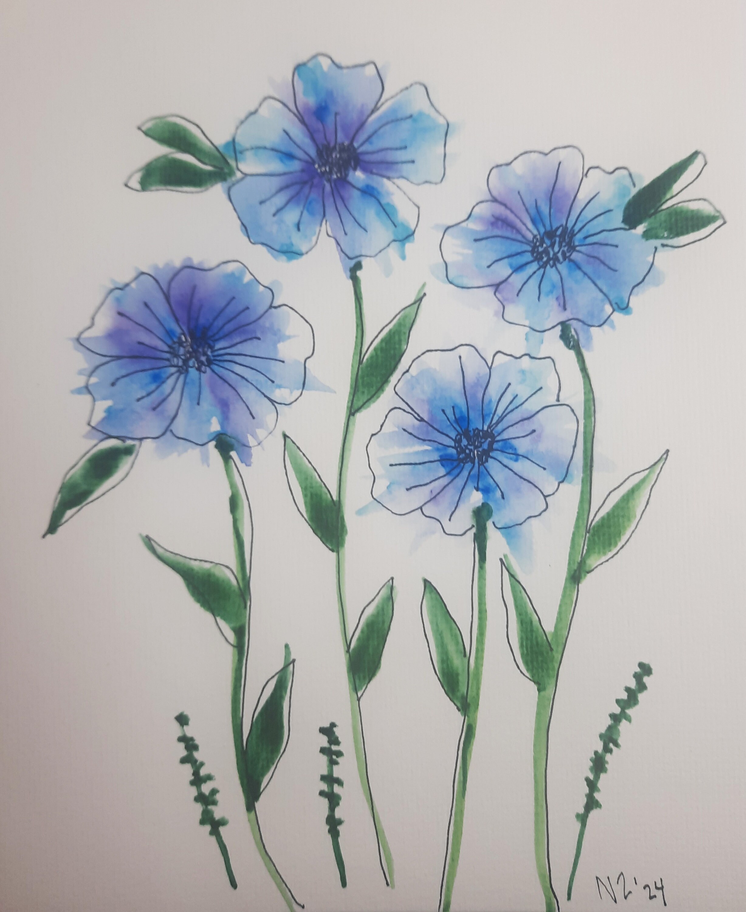 Misty Wildflower-blue Watercolor Painting on Paper 9 X 12 - Etsy