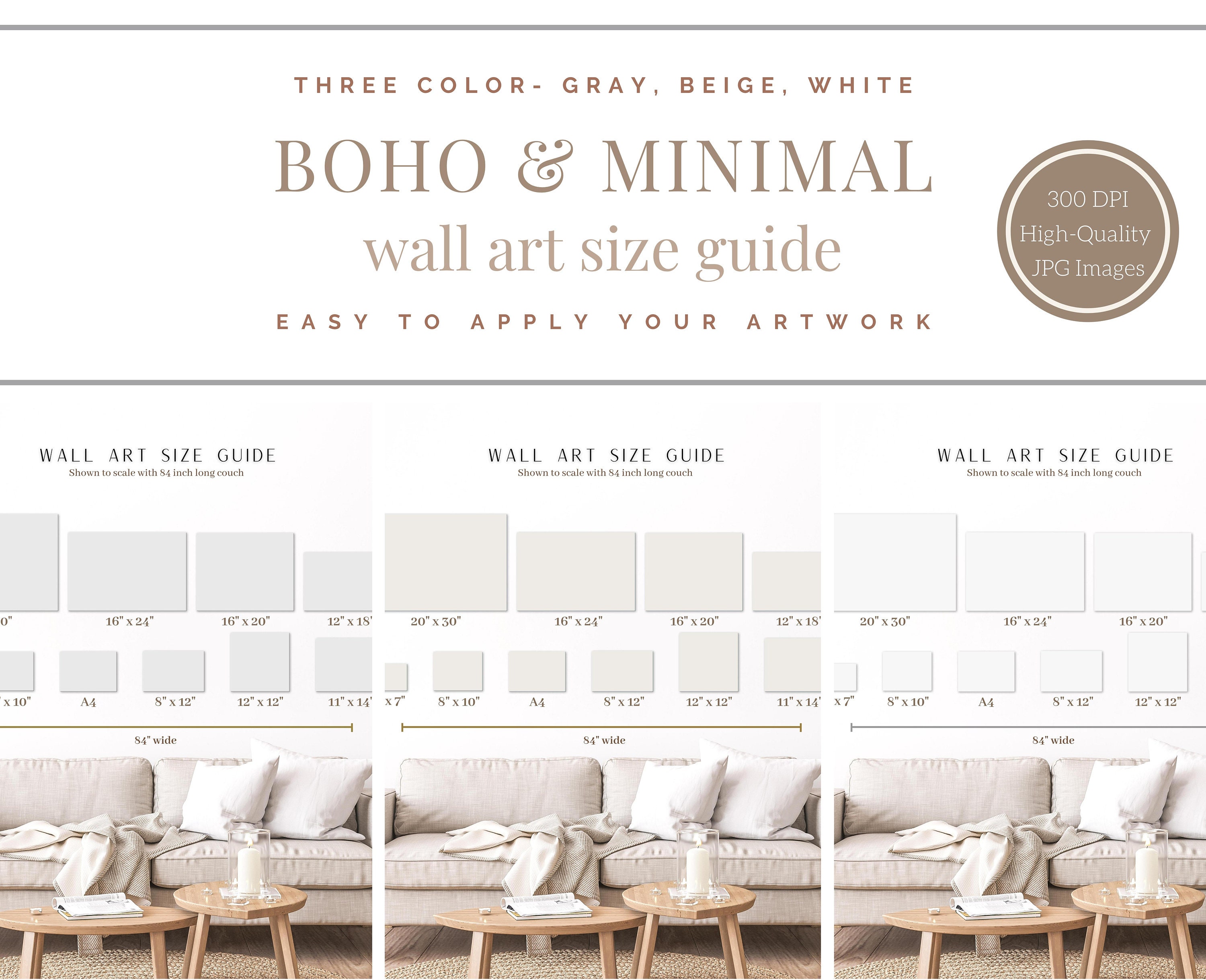 Three Neutral Color, Wall Art Size Guide, Frame Size Guide, Print Size ...
