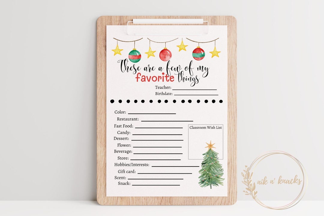 Teachers Favorite Things List. All About My Teacher. Holiday Teacher ...