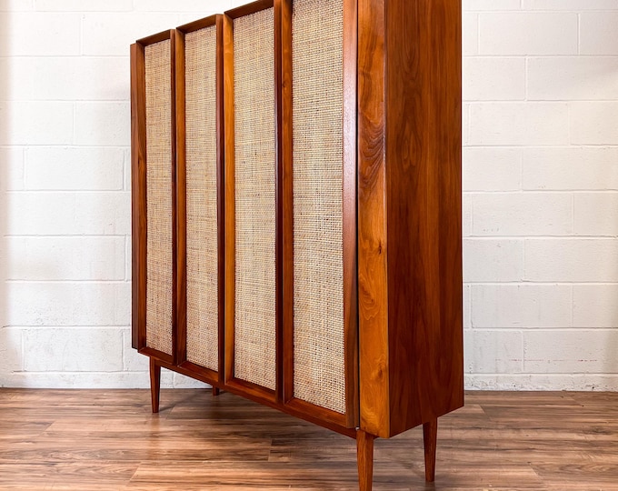 Restored Mid Century Modern Walnut & Rattan Display Cabinet | Vintage ...