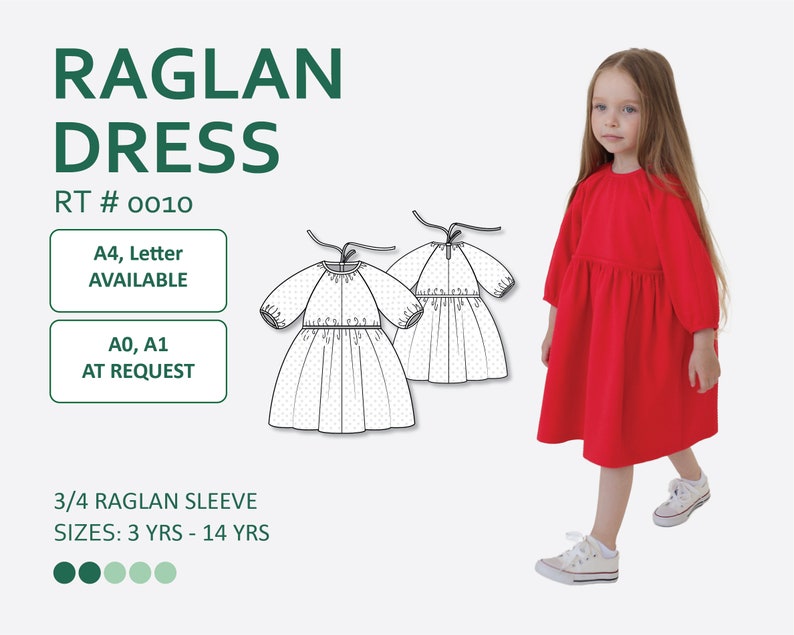 Raglan Dress (3/4 Sleeve) Sewing Pattern PDF With Easy-to-follow Step ...
