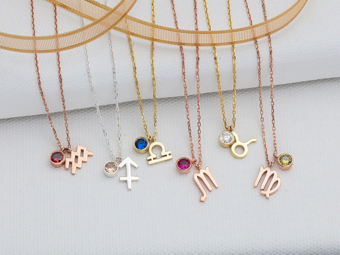 Zodiac Sign Birthstone Necklace, 14K Gold Pendant, Personalized Gift - Etsy