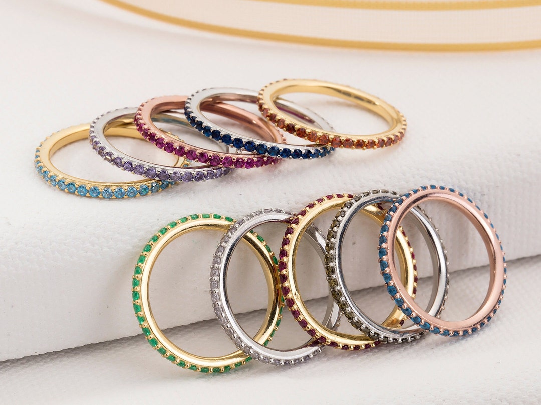 14K Gold Stackable Full Eternity Birthstone Rings, Silver Stacking Full ...
