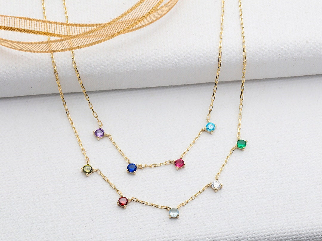 14K Gold Dainty Multiple Birthstone Necklace, Personalized Family ...