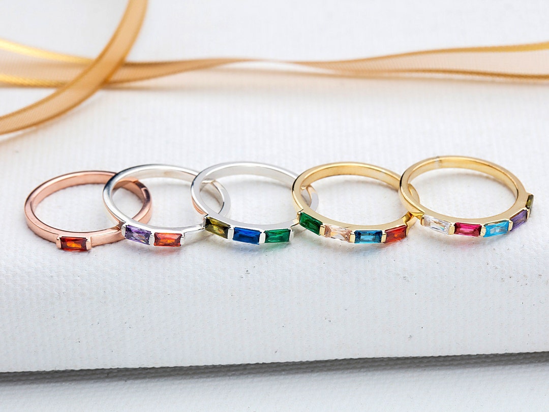 10K Gold Initial Family Birthstone Rings, Silver Baguette Birthstone ...