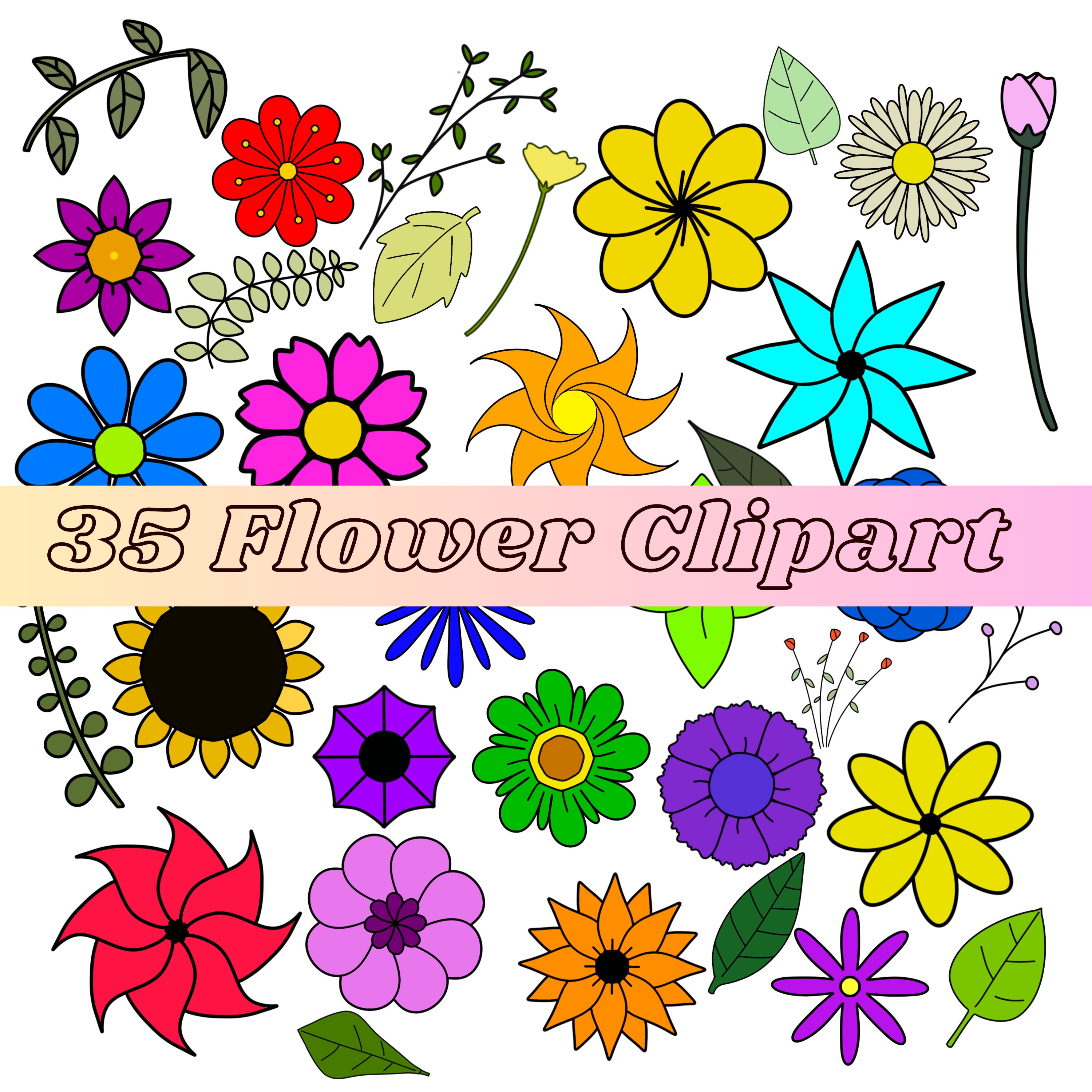 35 Flower Clip Art Set, Vibrant Colorful Flower,party Decoration ...