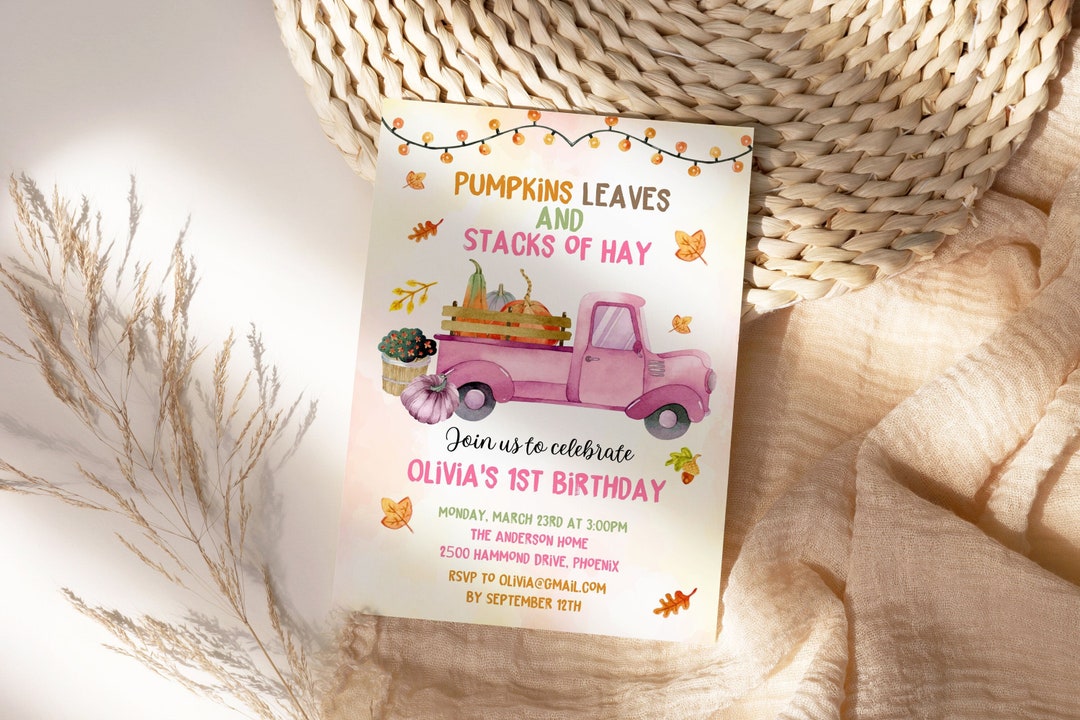 Editable Pumpkins Leaves and Stacks of Hay Fall Birthday Invitation ...