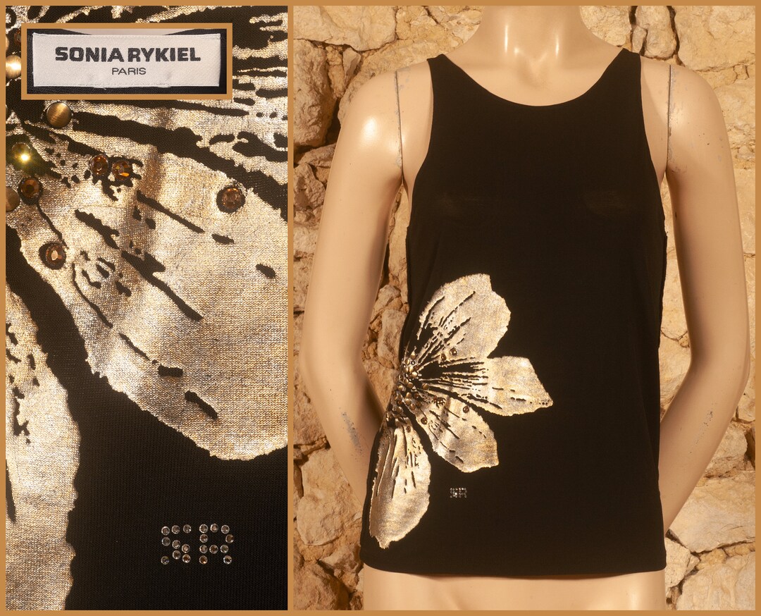 Sonia Rykiel - Paris - 90s Metalic Print Evening Top (size UK10, US6 ...