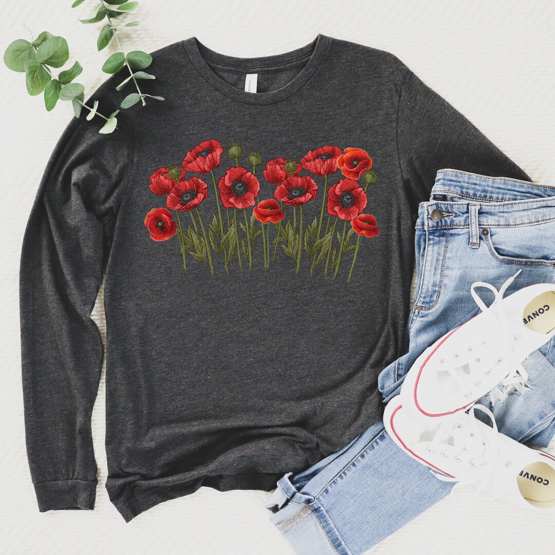 Long Sleeve Red Poppy Jersey Gift for Mom Botanical Wildflower T Shirt ...