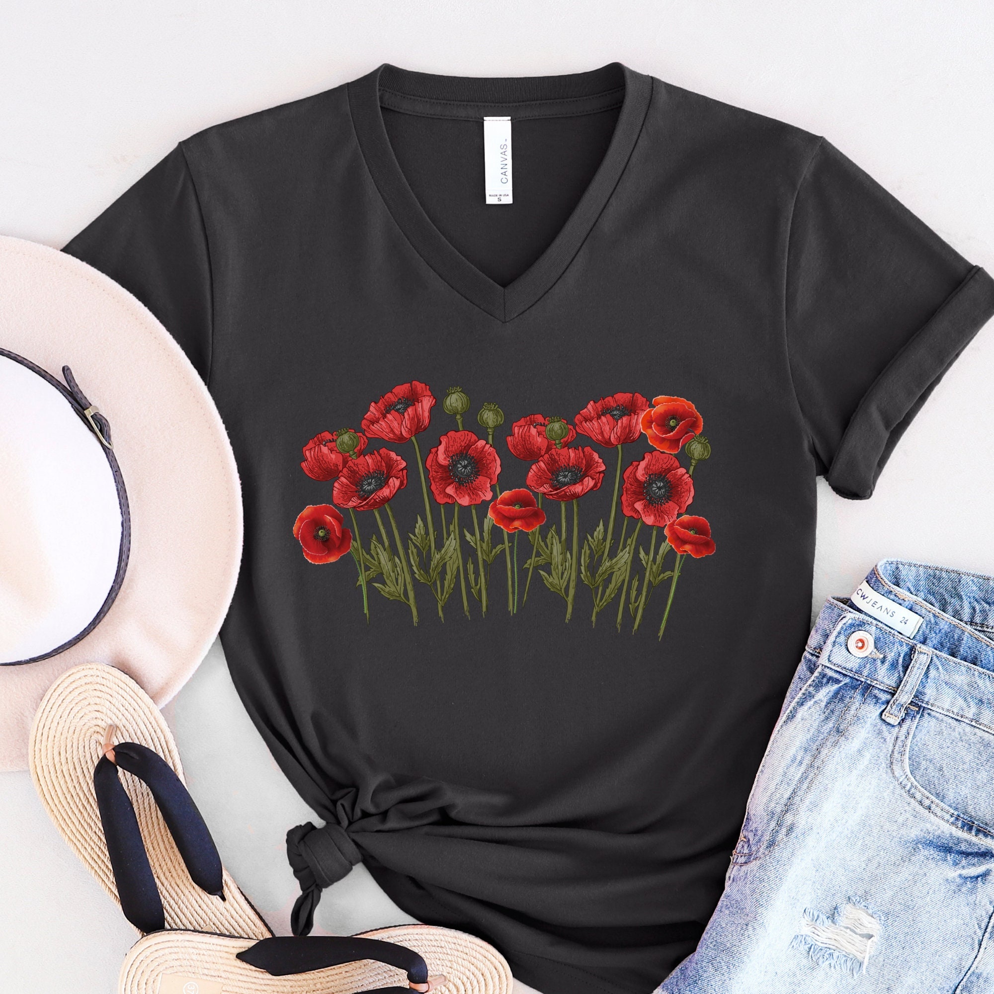 Red Poppy Flower V-neck Shirt, Wildflower California Poppies Shirt ...