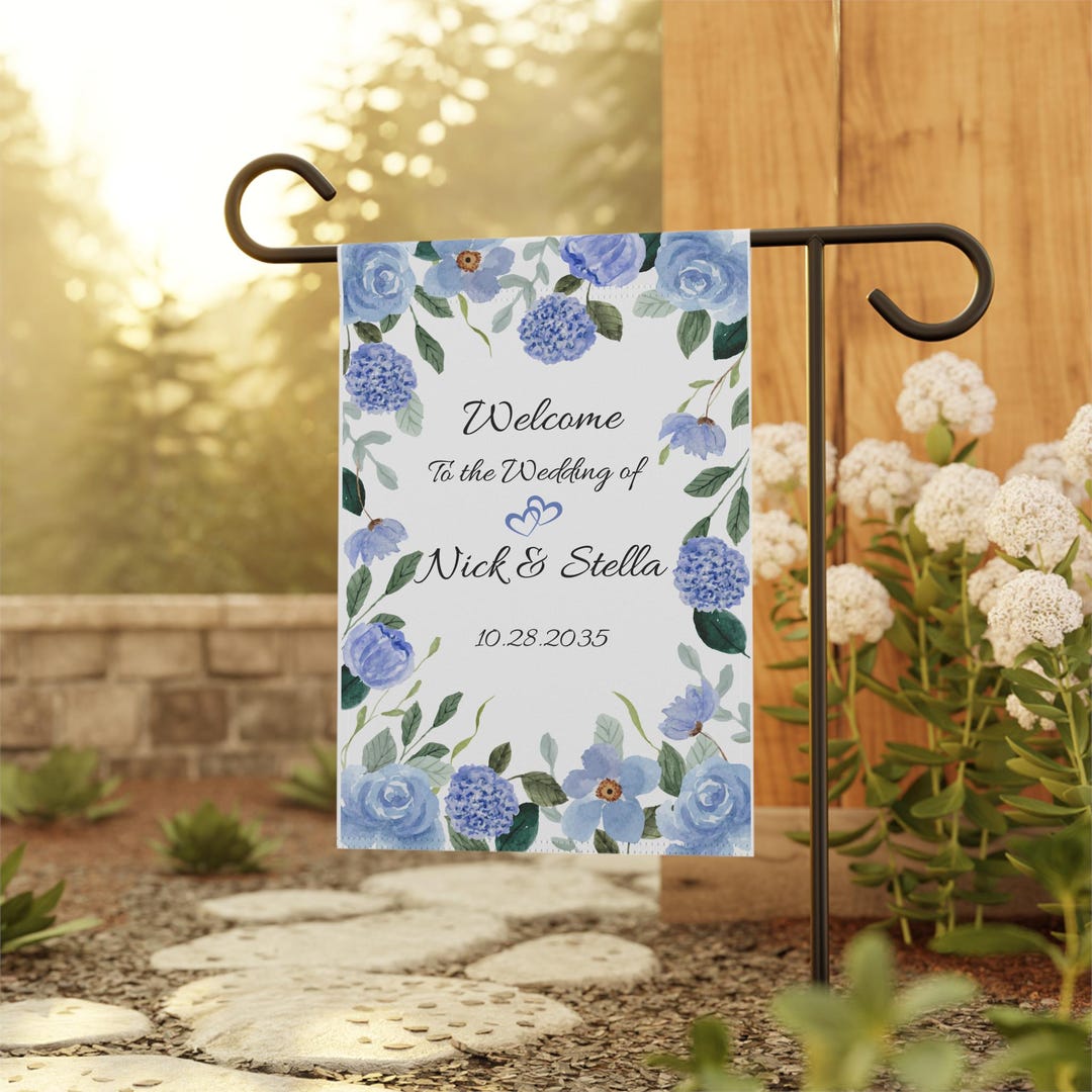 Custom Text Floral Garden & House Banner Personalized Blue Flower ...