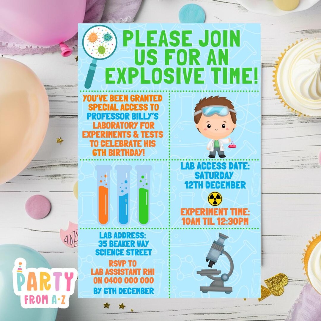 Kids Birthday Party Invites Boys Theme Digital Edit in Canva Science ...
