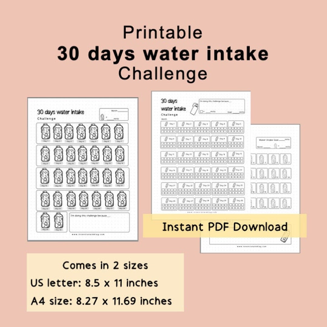 Printable Water Intake Tracker, 30 Days Challenge Track Daily Water ...